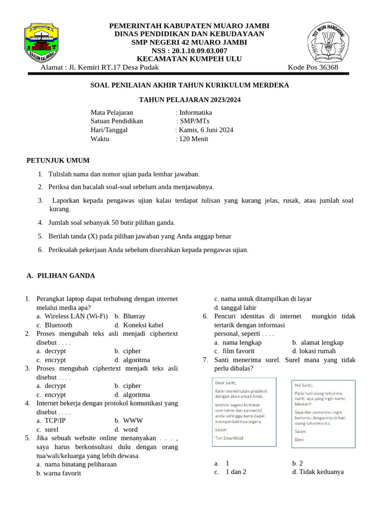 Soal Informatika Kelas Vii Sem 2 Genap 2024 | PDF