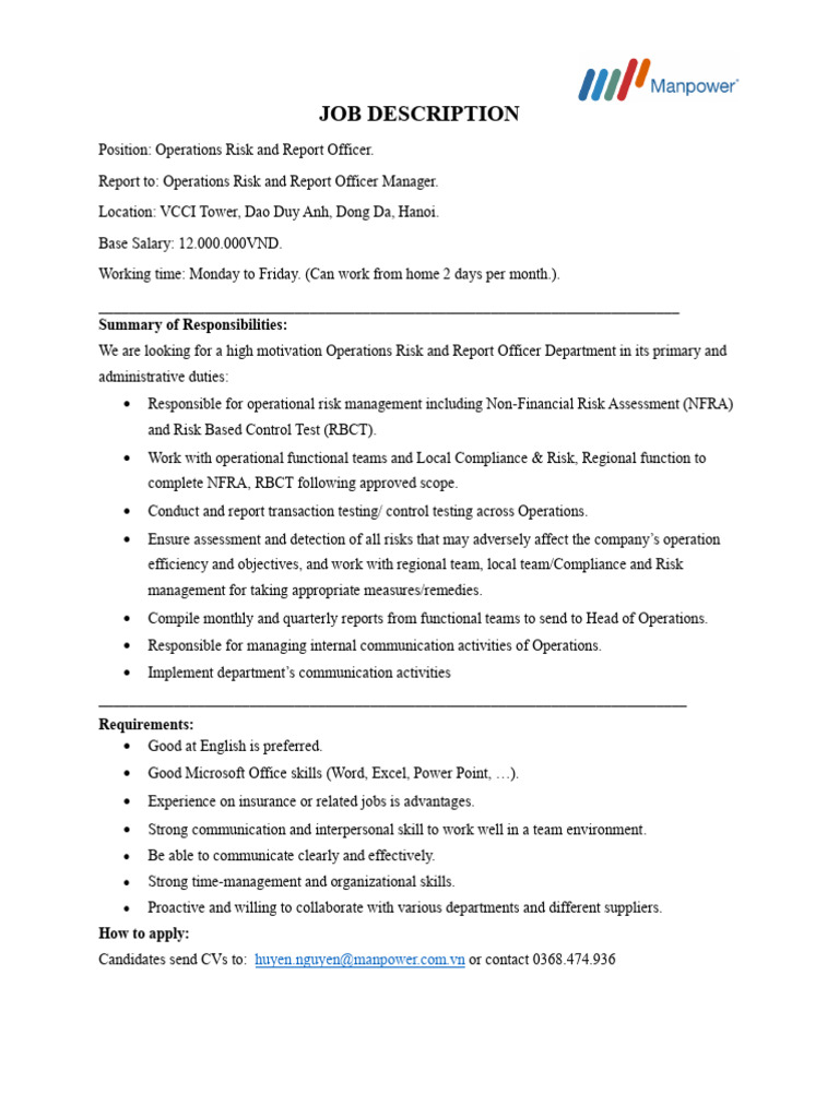 MPV - JD - Operations Risk and Report Officer | PDF | Business