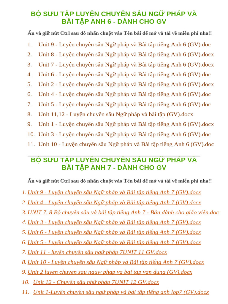 BỘ SƯU TẬP LUYỆN CHUYÊN SÂU NGỮ PHÁP VÀ BÀI TẬP ANH 6,7,8,9 - DÀNH CHO GV | PDF