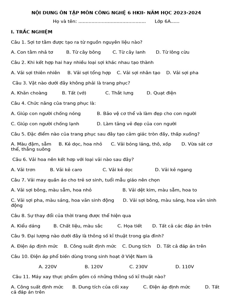 Nội Dung Ôn Tập Môn Công Nghệ 6 Hkii | PDF
