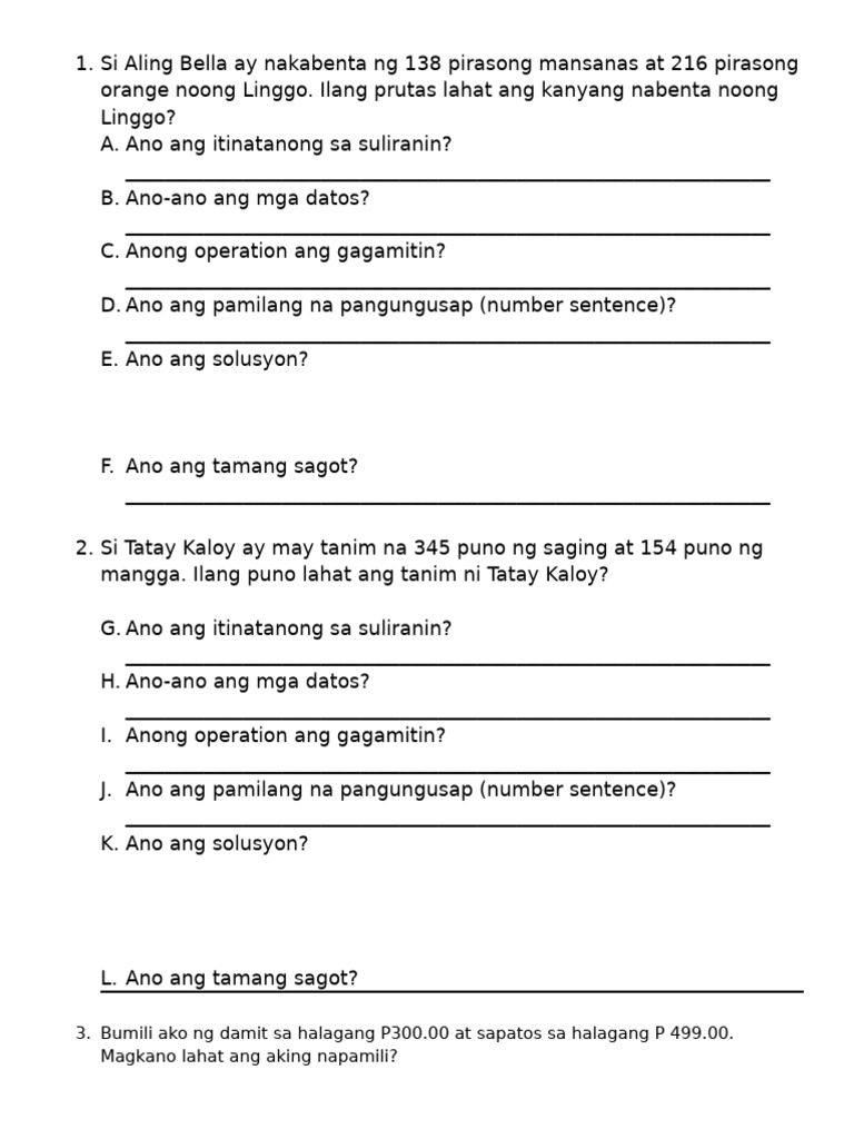 Tagalog Word Problem Worksheets | PDF