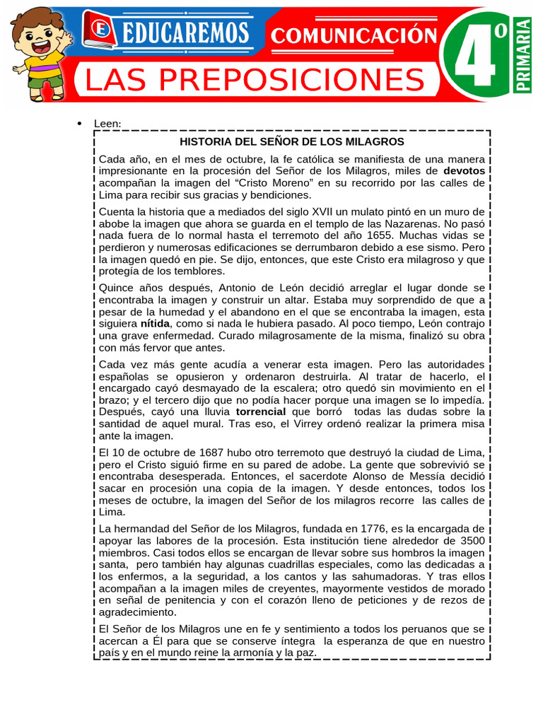 Ejercicios de Preposiciones para 4° Primaria | PDF