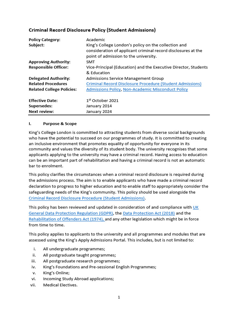 KCL Criminal Record Disclosure Policy | PDF | Criminal Record | Justice