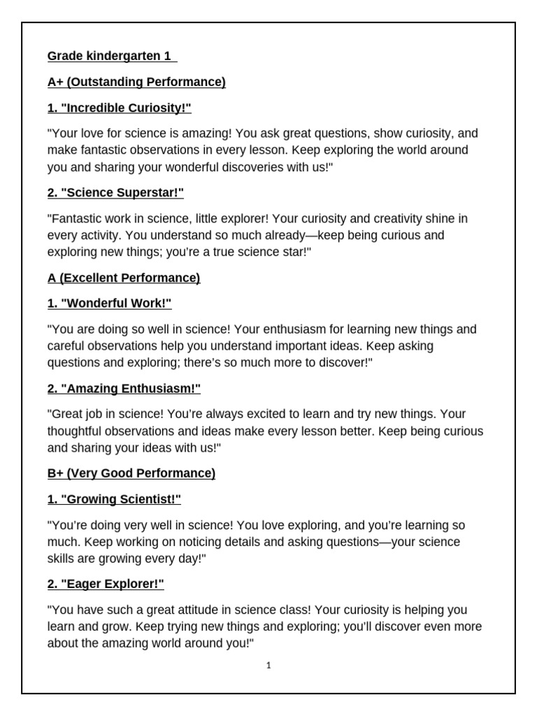 Kindergarten Science Performance Feedback | PDF | Curiosity | Science