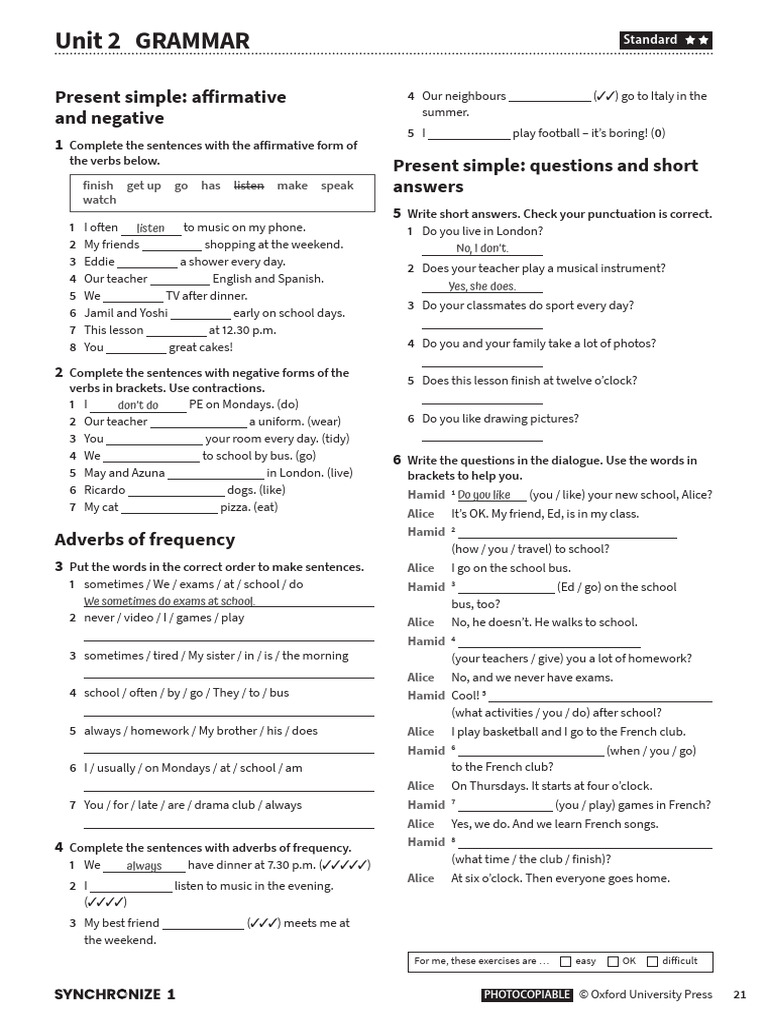 Synchronize1 TRB Worksheets Unit 2 Standard Grammar | PDF | Linguistic Typology | Languages
