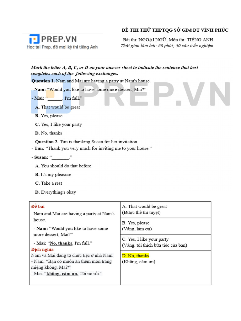 ĐÁP ÁN ĐỀ THI THỬ THPTQG SỞ GD&ĐT VĨNH PHÚC | PDF