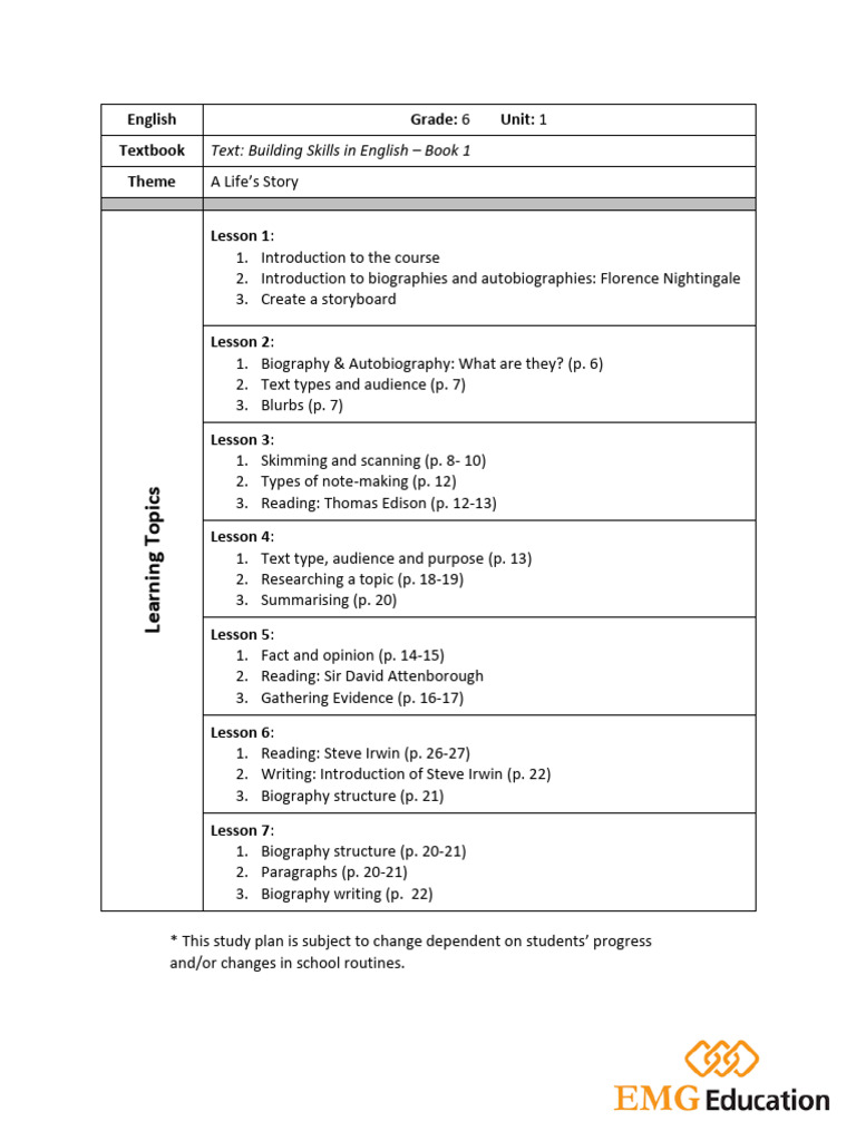 Grade 6 - Unit 1 - Study Plan | PDF | Foreign Language Studies