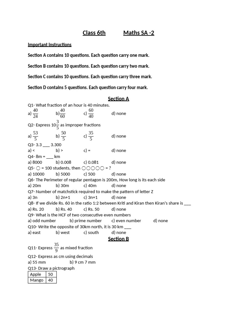 6th Class Maths SA-2 Question Paper 2024 | PDF | Length | Division ...
