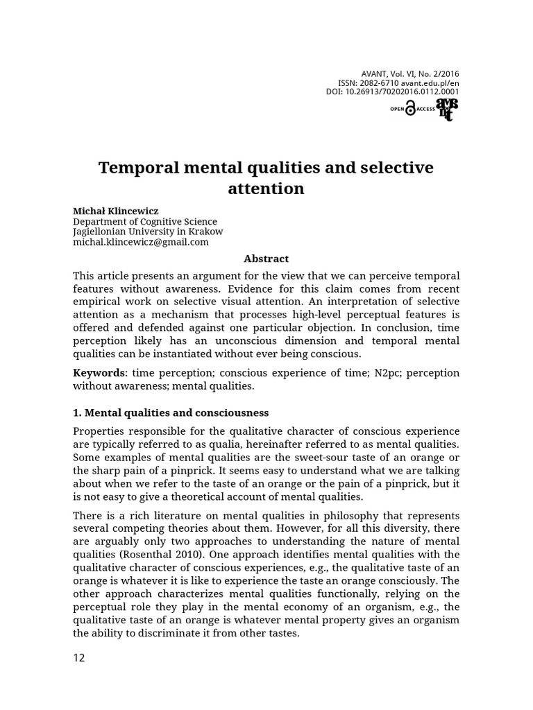 Klincewicz-Temporal Mental Qualities | PDF | Consciousness | Visual Cortex