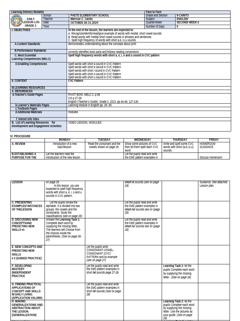 DLL in ENGLISH Q2 Week 6 | PDF | Consonant | Literacy