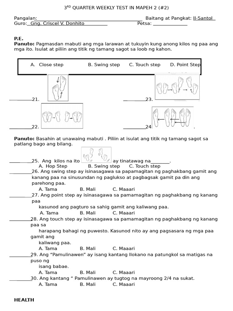 3rd Quarter Weekly Test 2 in MAPEH 2 | PDF