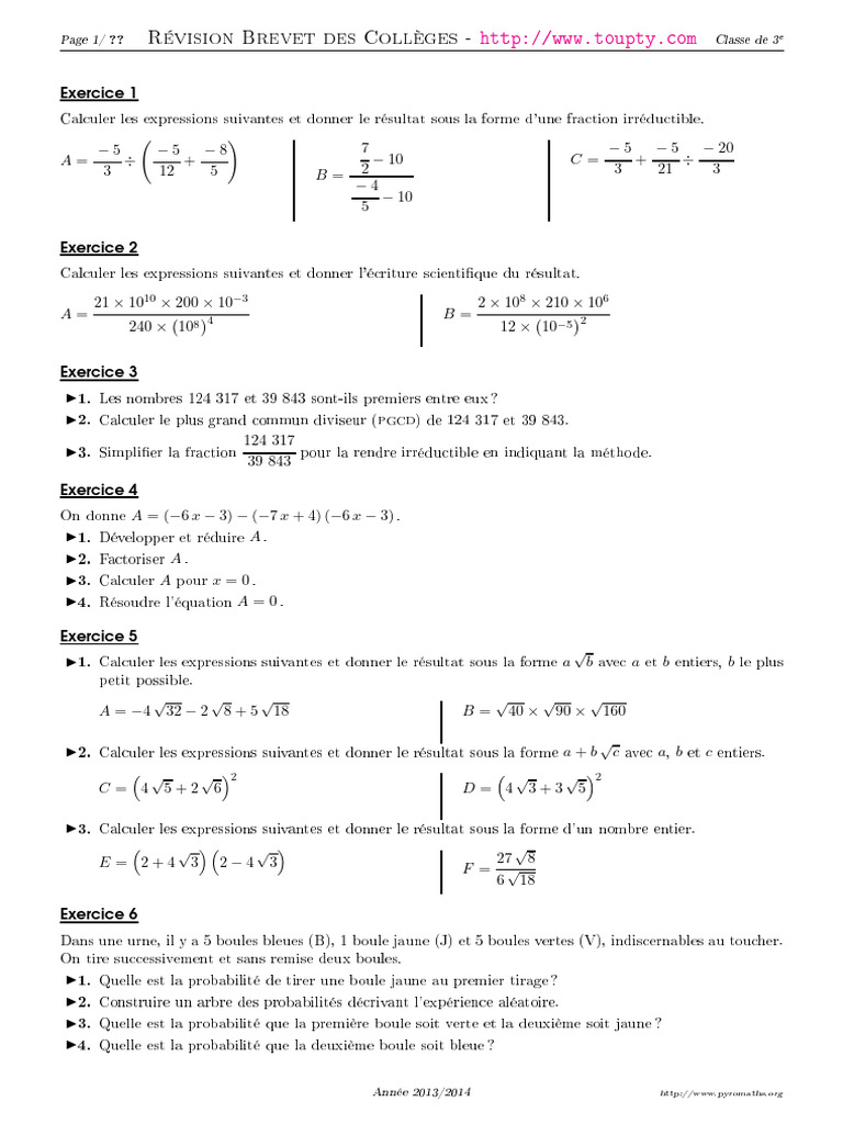Exercices de Mathématiques 3e Brevet | PDF | Théorie des nombres