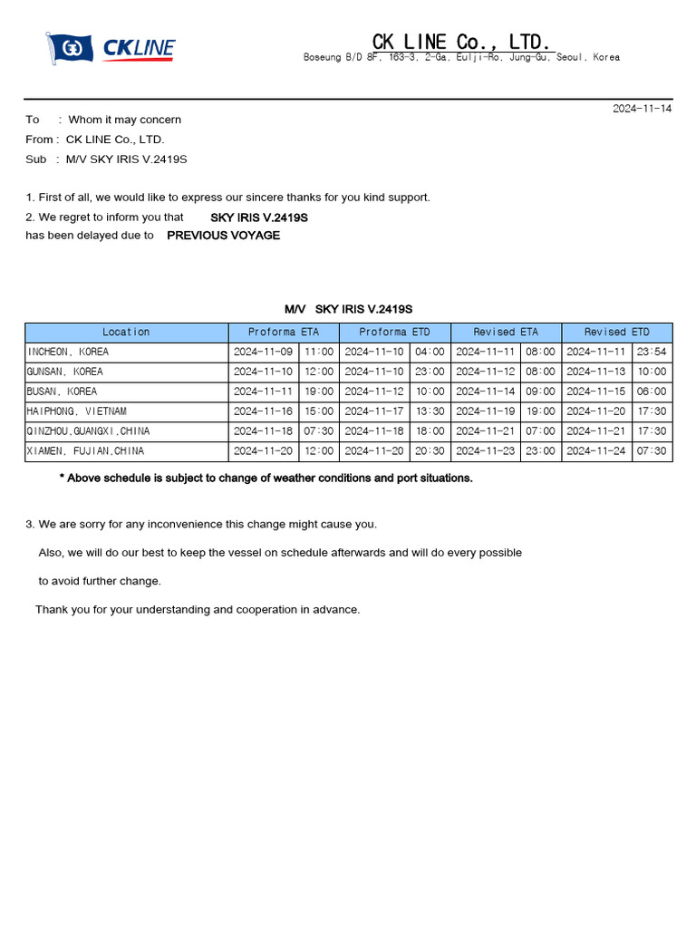 SKY IRIS V.2419S Voyage Delay Notice | PDF
