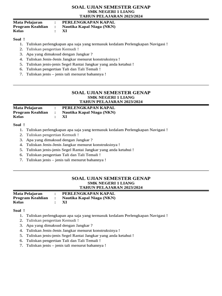 Soal Perlengkapan Kapal - NKN Xi 2023-2024 | PDF