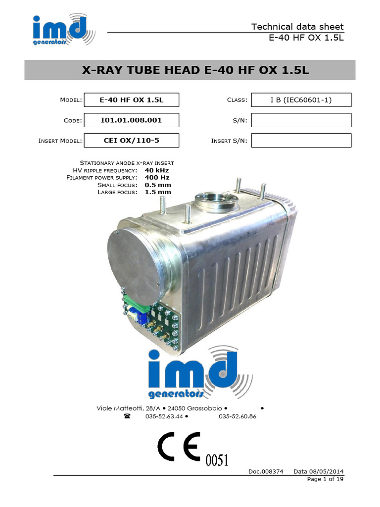E-40 HF OX 1.5L X-Ray Tube Data Sheet | PDF | Vacuum Tube | Electrical ...