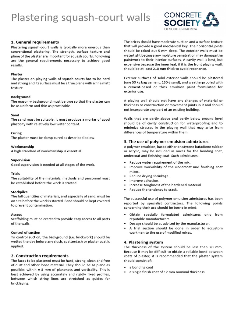 Plastering Requirements for Squash Courts | PDF | Plaster | Sand