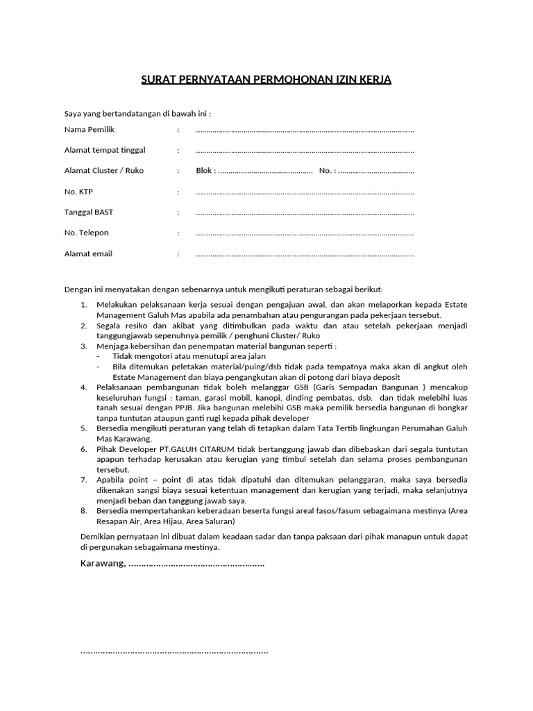 Surat Pernyataan Ijin Kerja New | PDF | Bisnis | Teknologi & Rekayasa