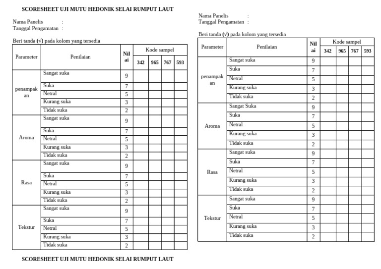 Scoresheet Uji Hedonik Selai Rumput Laut | PDF