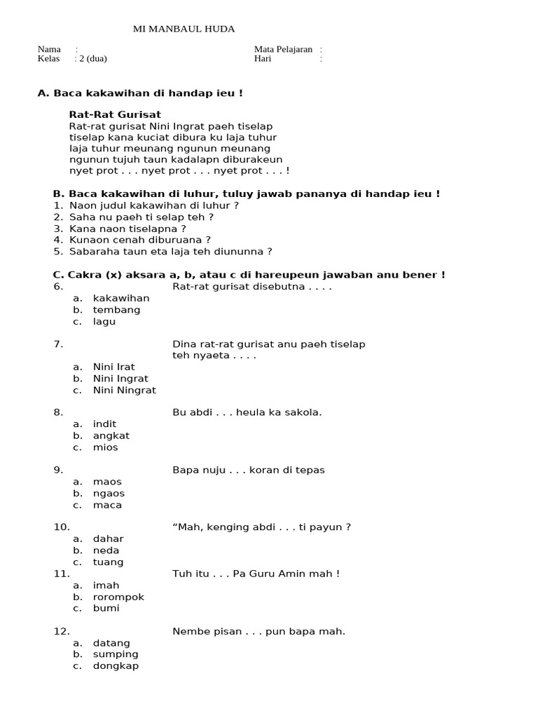 8.soal PAS Bhs. Sunda Kelas 2 Semester 1 | PDF