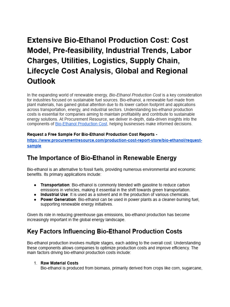 Extensive Bio-Ethanol Production Cost - Cost Model, Pre-Feasibility ...