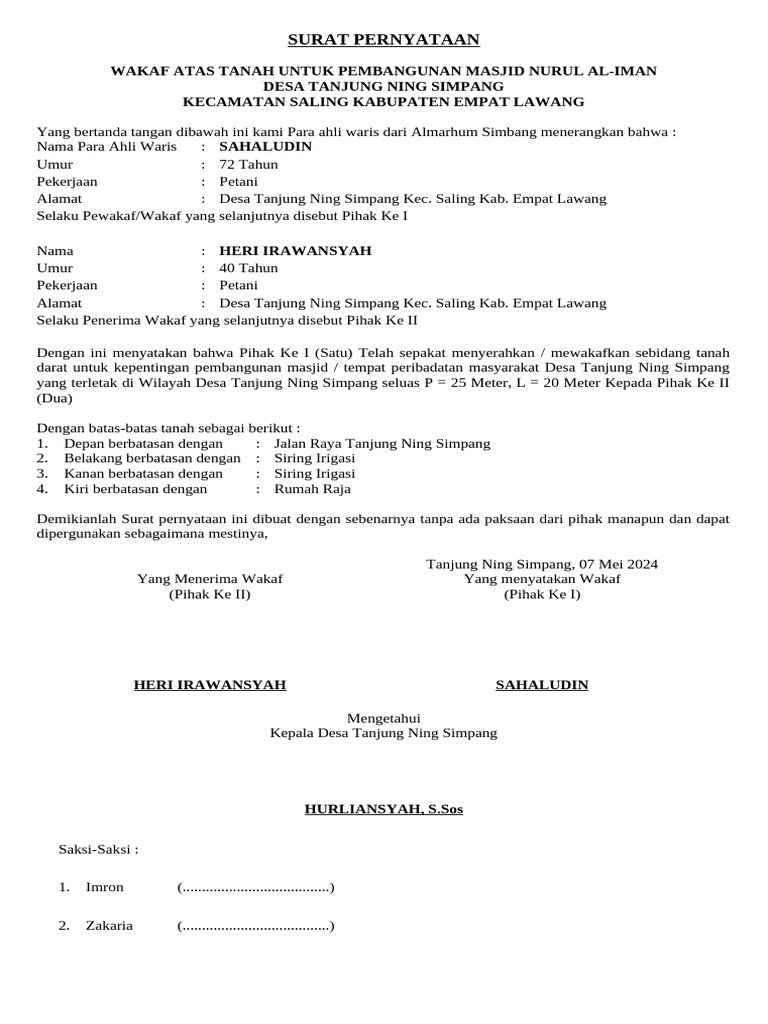 SURAT PERNYATAAn WAKAF ATAS TANAH PEMBANGUNAN MASJID | PDF