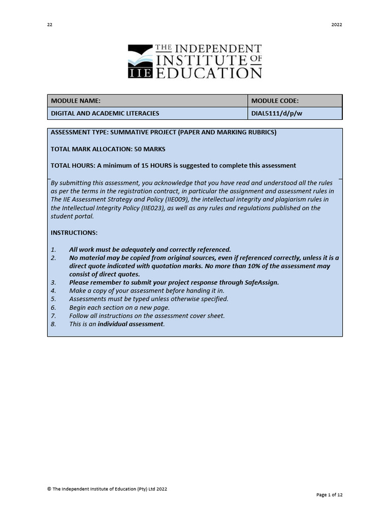 DIAL5111 Summative Project Guidelines | PDF | Essays | Rubric (Academic)