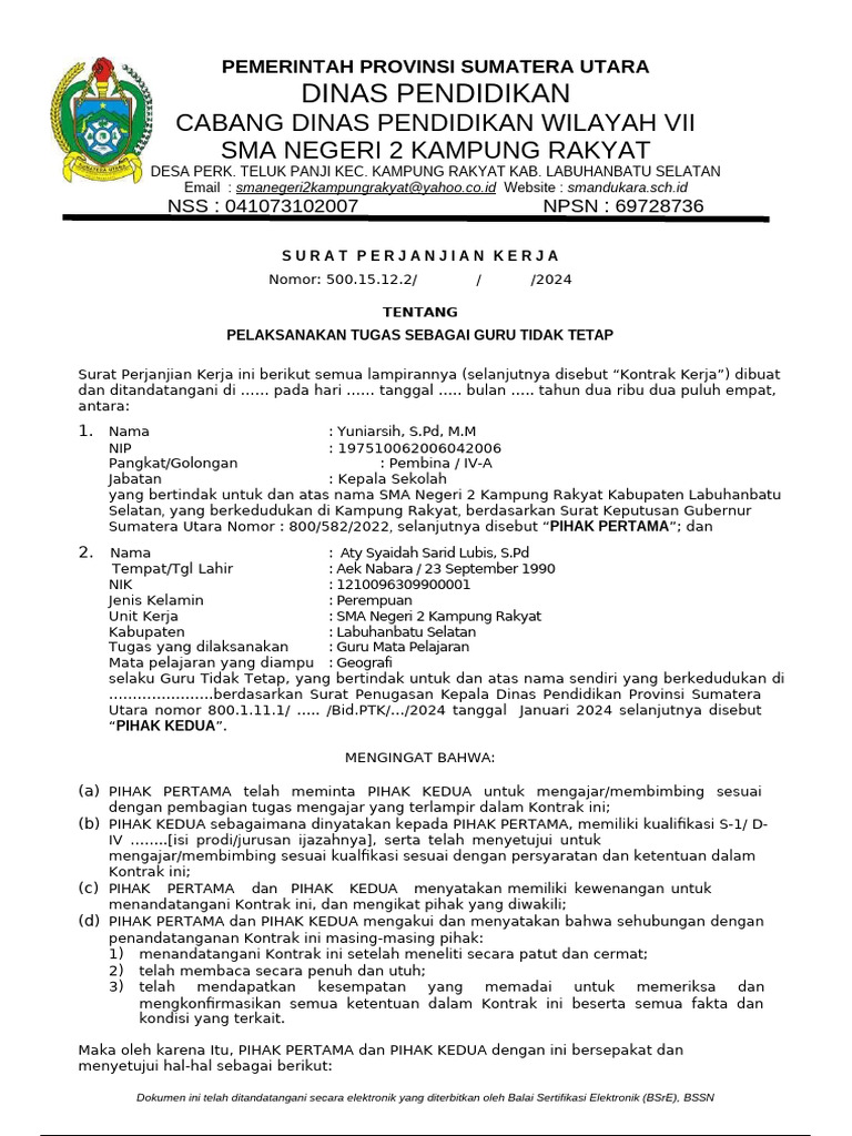 Surat Perjanjian Kerja Aty Syaidah | PDF