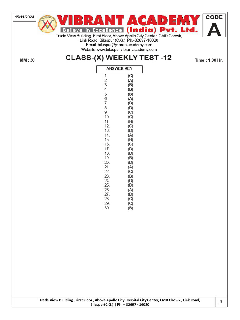 10TH Weekly Test - 12 Answer Key (15.11.2024) | PDF