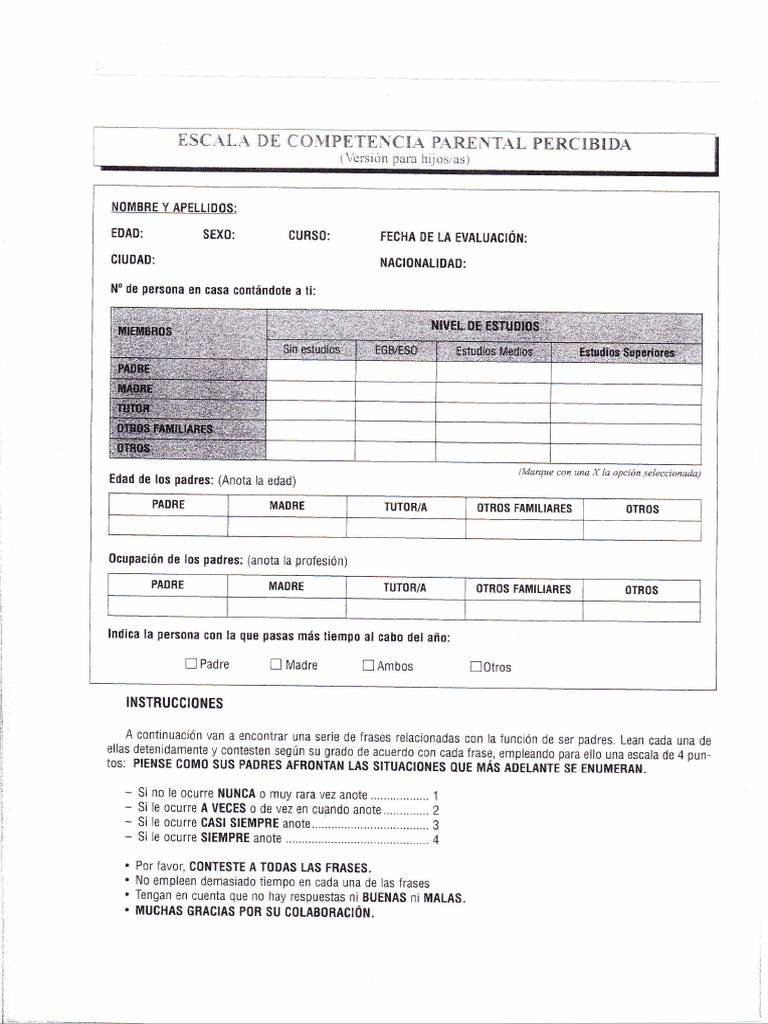 Escala de Competencia Parental Percibida Hijos NEW | PDF