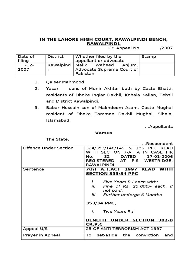 Appeal in High Court Against Imprisonment Yasir Qaiser | PDF | Appeal ... Appeal in High Court Against Imprisonment Yasir Qaiser | PDF | Appeal ...