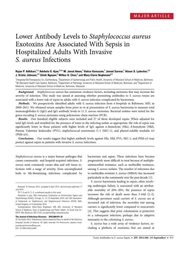 Adhikari2012 JID Staph Exotoxin Sepsis Antibodies | PDF | Staphylococcus Aureus | Methicillin ...
