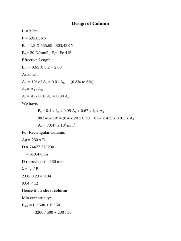 Axial Load Column Design Calculation | PDF