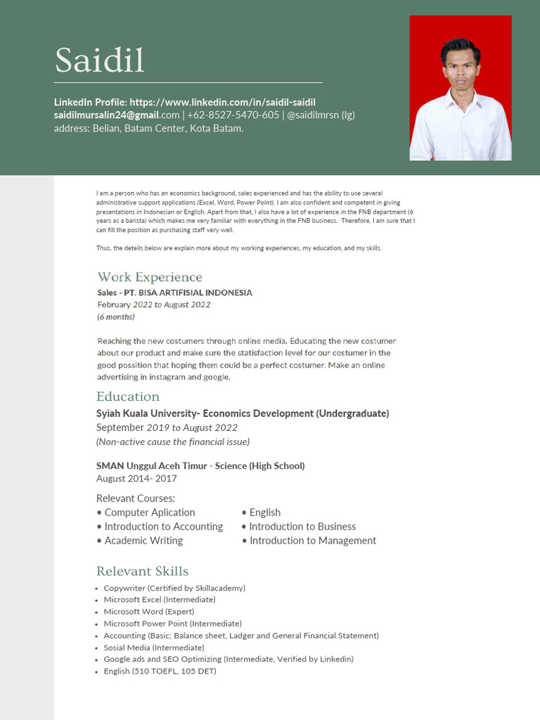 Resume Example For FNB Job (CV Saidil FNB Purchaser) | PDF