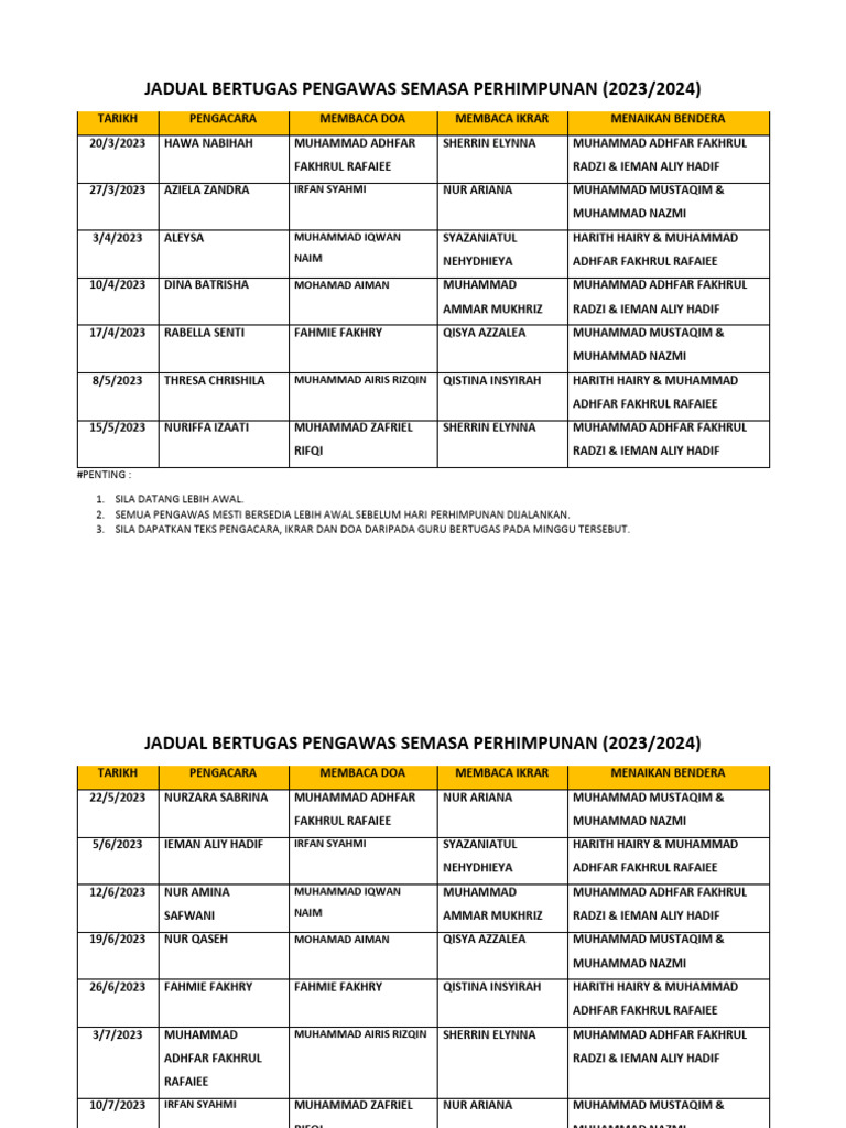 Jadual Bertugas Semasa Perhimpunan 2023 2024 | PDF