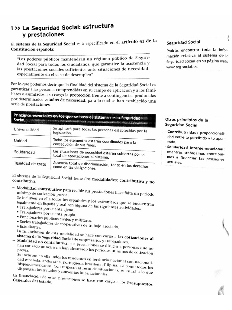 GTH. 2º CAF. TARDE. La Seguridad Social - Estructura y Prestaciones. Contenido | PDF