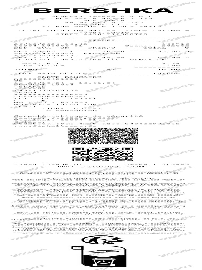 Ticket d'achat BERSHKA - 26/10/2024 | PDF