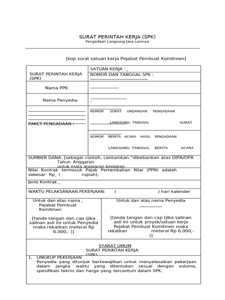 Bentuk SPK Pengadaan Langsung Jasa Lainnya | PDF