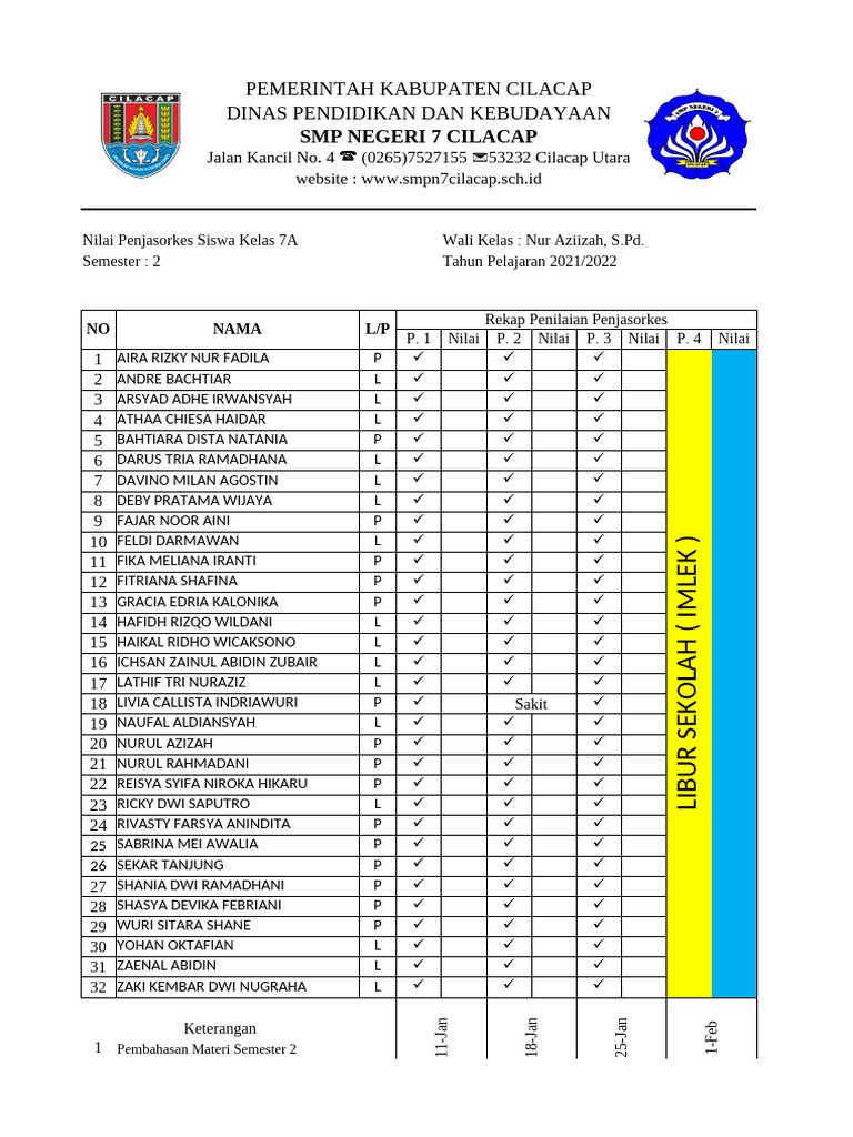 Rekap Nilai Siswa SMPN 7 Cilacap 2021-2022 | PDF