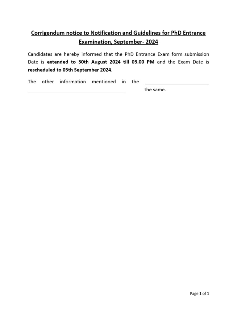 Corrigendum Notice To Notification and Guidelines For PHD Entrance ...