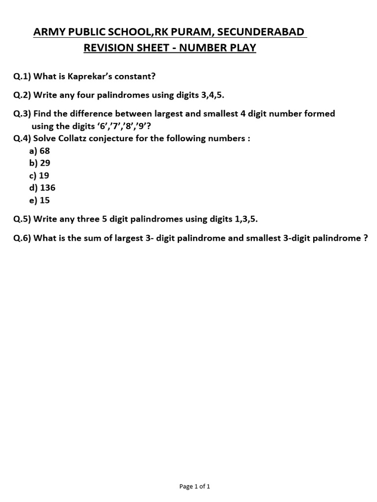 Number Play Revision Sheet | PDF | Teaching Methods & Materials
