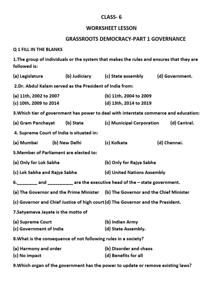 Worksheet of 6th-Grass Roots of Democracy Part-1 Governance | PDF ...