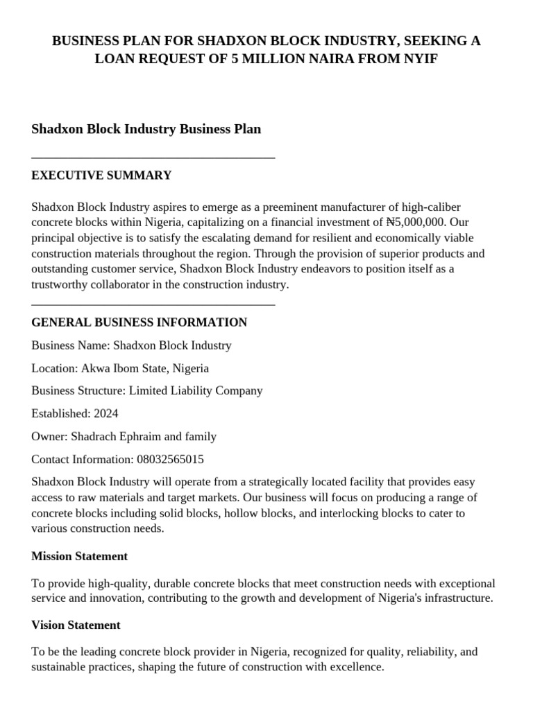 Business Plan For Shadxon Block Industry | PDF | Marketing | Concrete