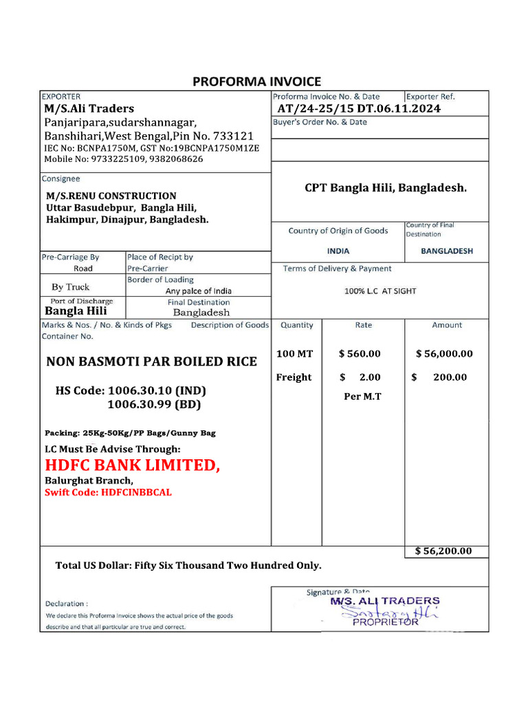 15 Ali & Renu Rice Proforma | PDF