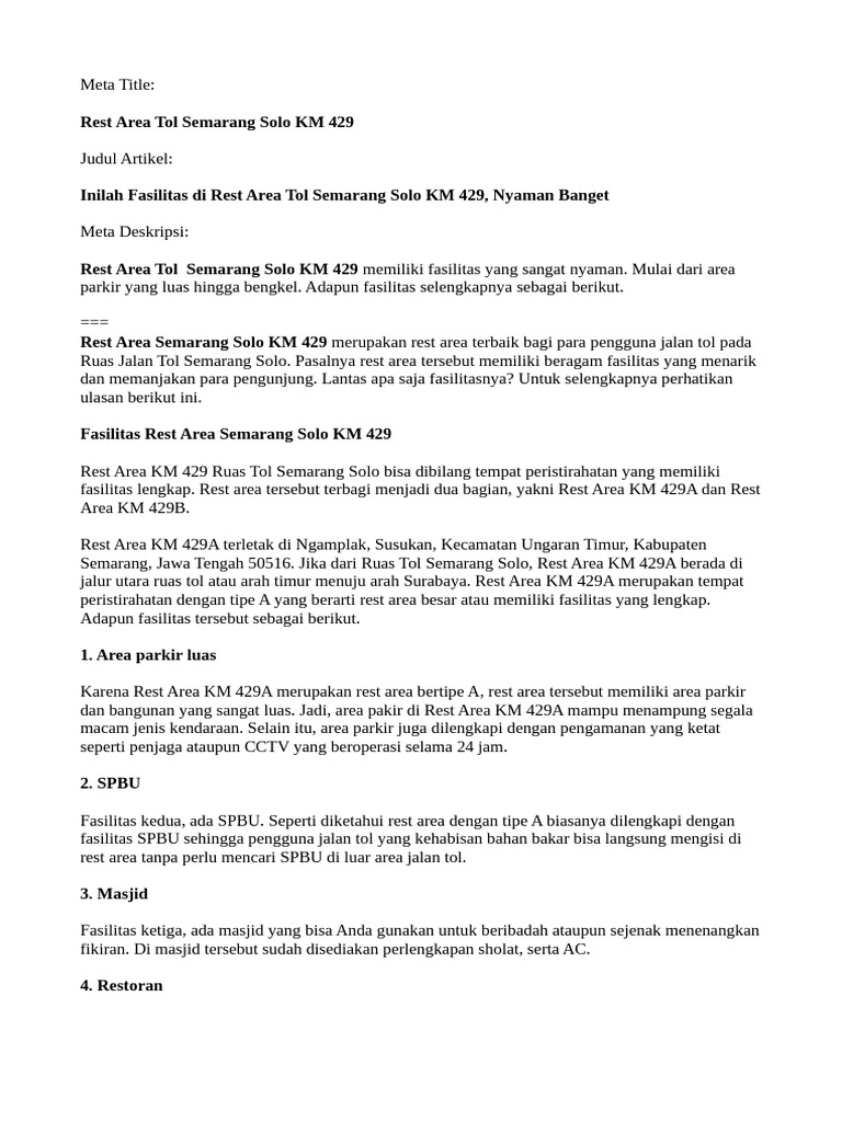 Rest Area Tol Semarang Solo KM 429 | PDF