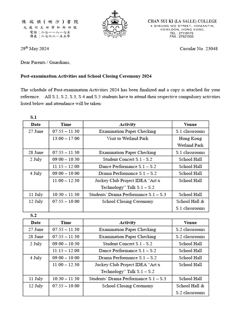Post-Exam Activities and School Closing Ceremony 2024 (S1-S5) | PDF ...