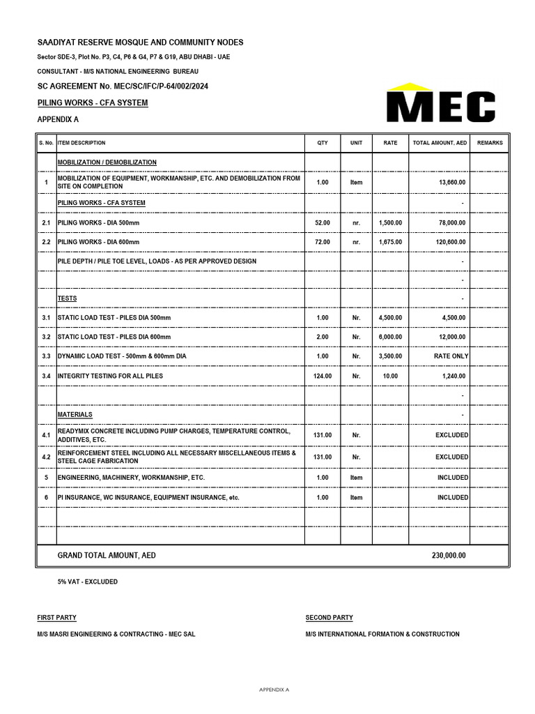 Saadiyat Reserve Mosque Piling Works Cost | PDF | Deep Foundation ...