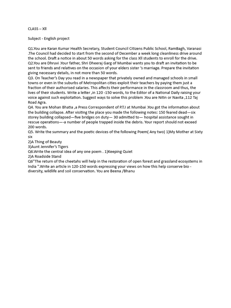 English Project Guidelines for Class XII | PDF