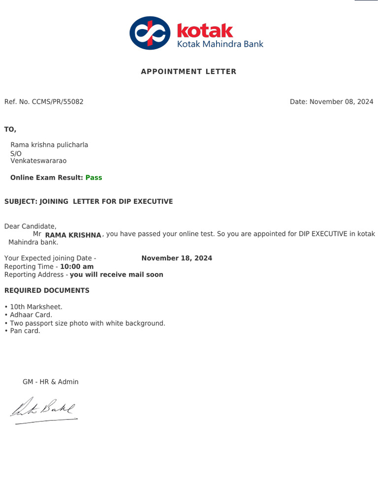 6819615543-Joinng - Letter - Rama Krishna | PDF