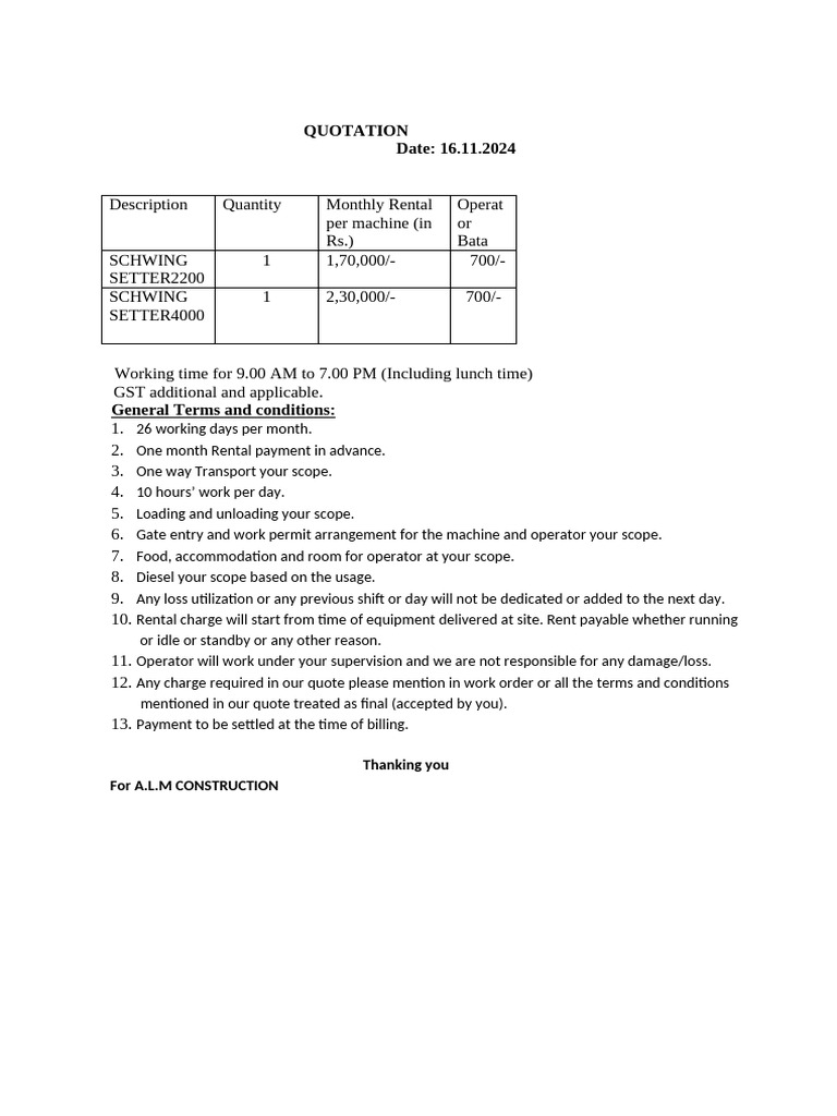 Rental Quotation for SCHWING Machines | PDF