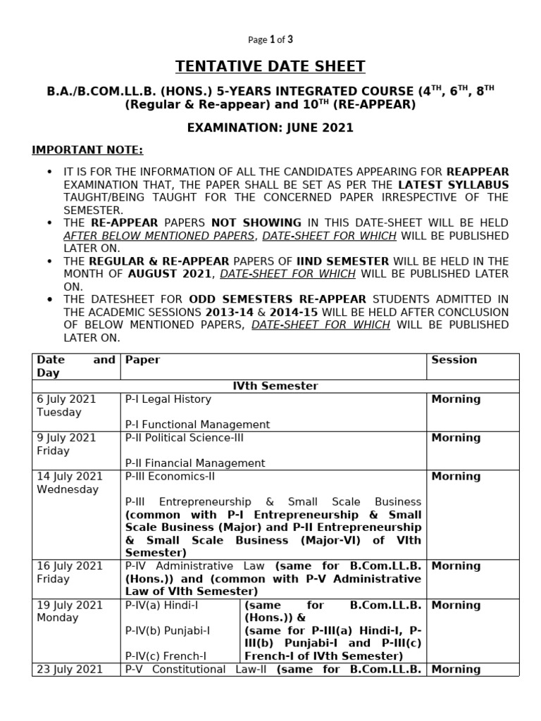 REGULAR DATE SHEET June 2021 Even Semesterwise | PDF | Academic Term ...